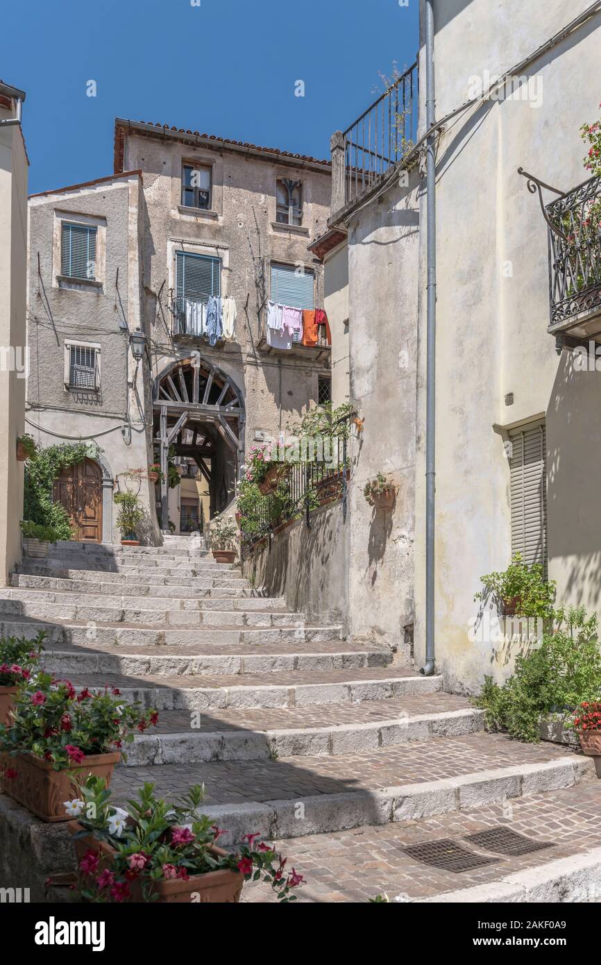 cityscape of old uphill village with steep stairway lane and ...