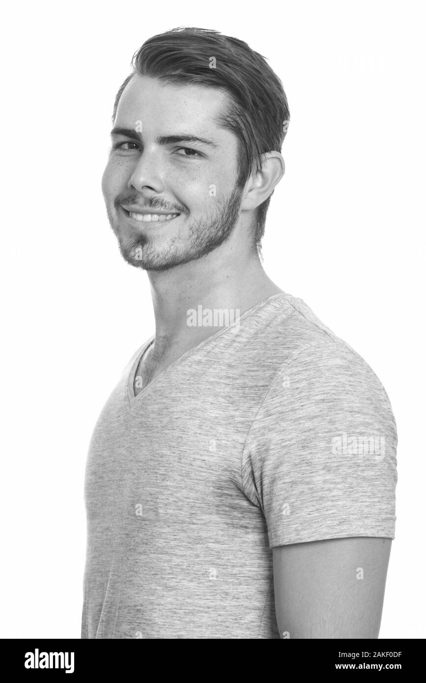 Portrait of young handsome bearded man in black and white Stock Photo ...