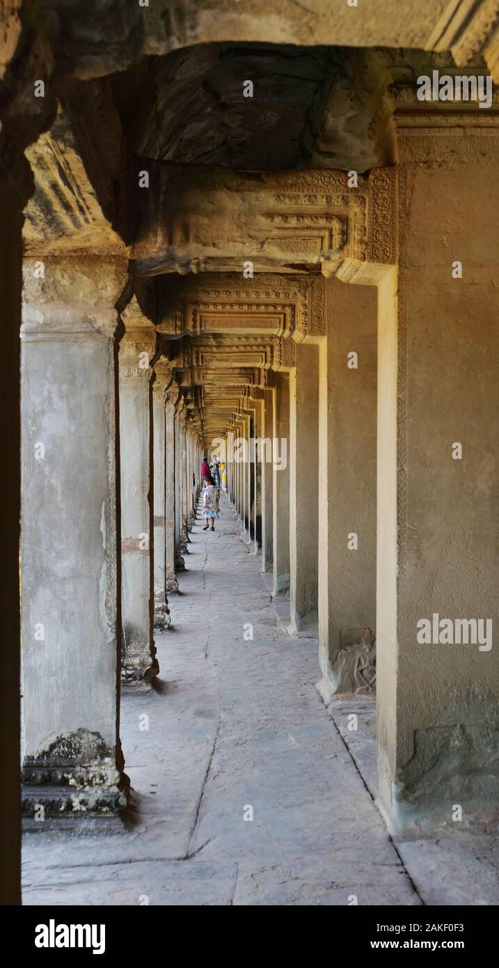Stone rock corridor of ancient temple complex Angkor Wat in Siem Reap ...