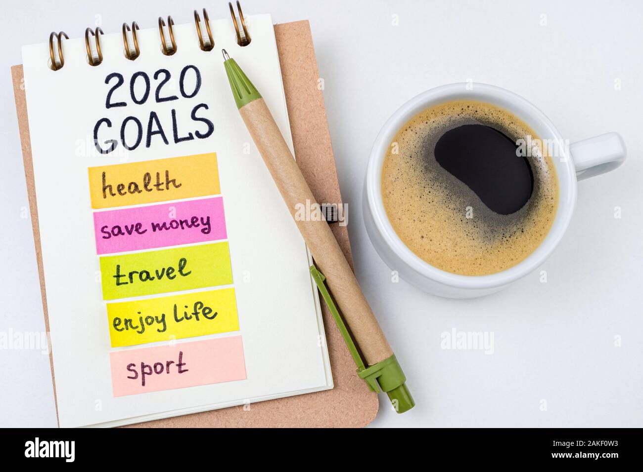 New year goals 2020 on desk. 2020 goals list with notebook, coffee cup ...