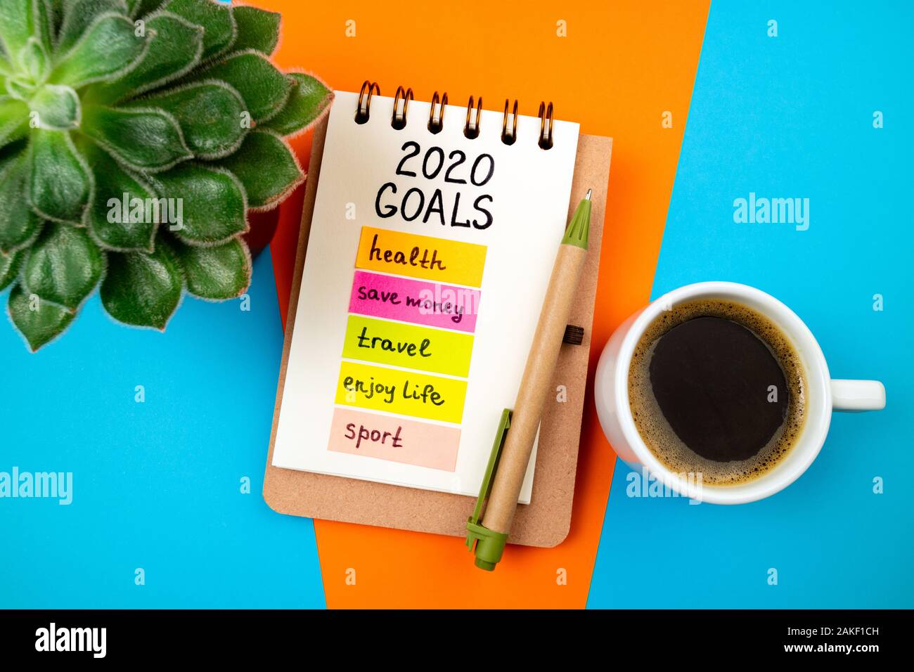 New year goals 2020 on desk. 2020 goals list with notebook, coffee cup ...