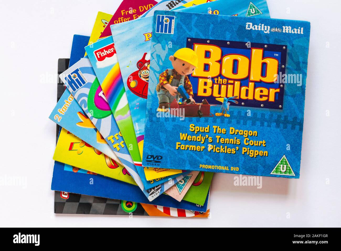 Selection of children's DVDs with Bob the Builder DVD on top set on ...