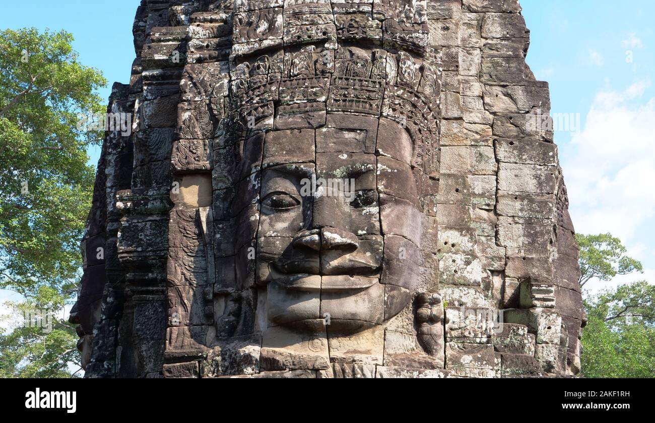 Face tower at the Bayon Temple in Angkor wat complex, Siem Reap ...