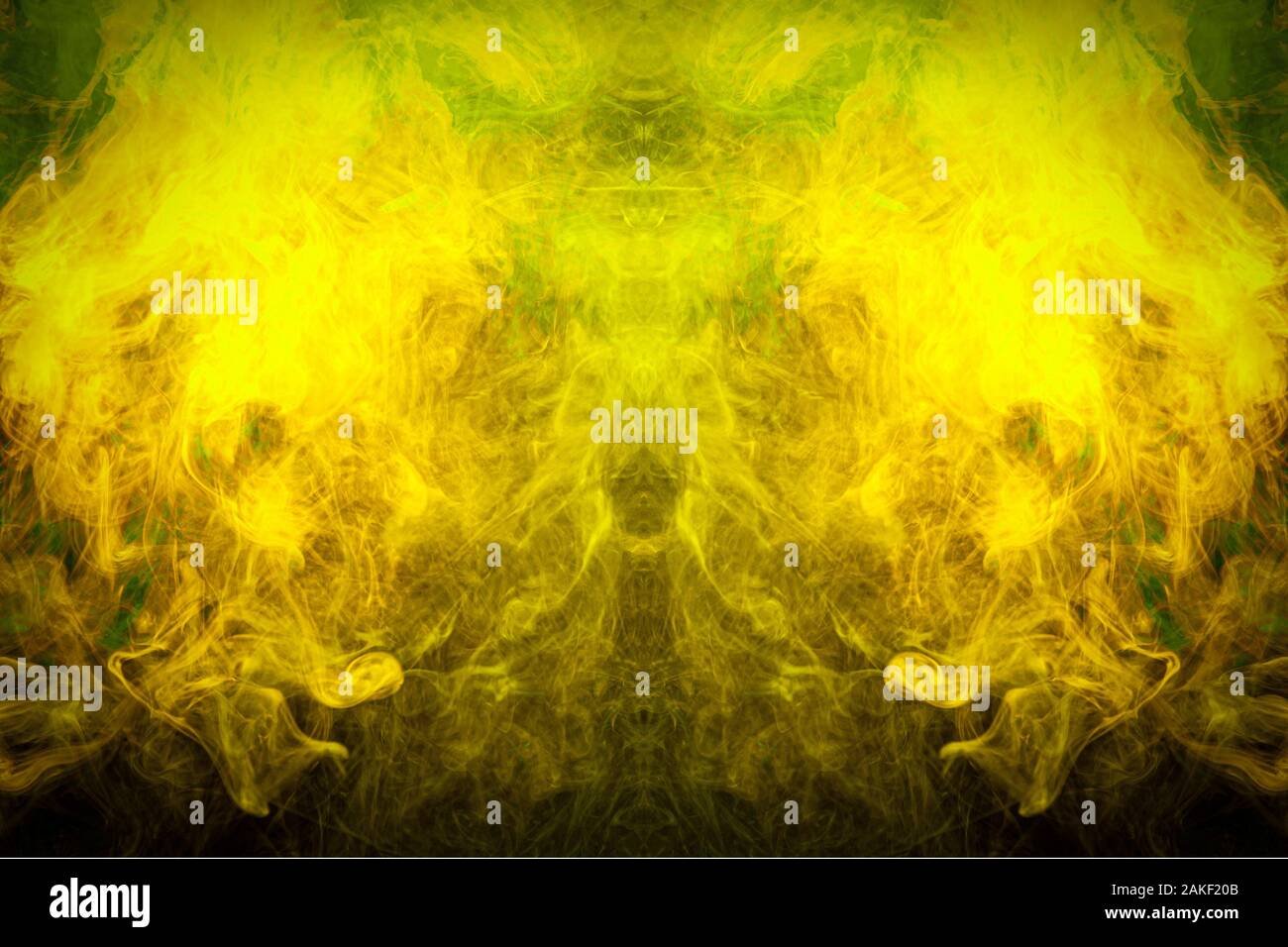 Fog colored with bright yellow smoke on dark background. Background ...