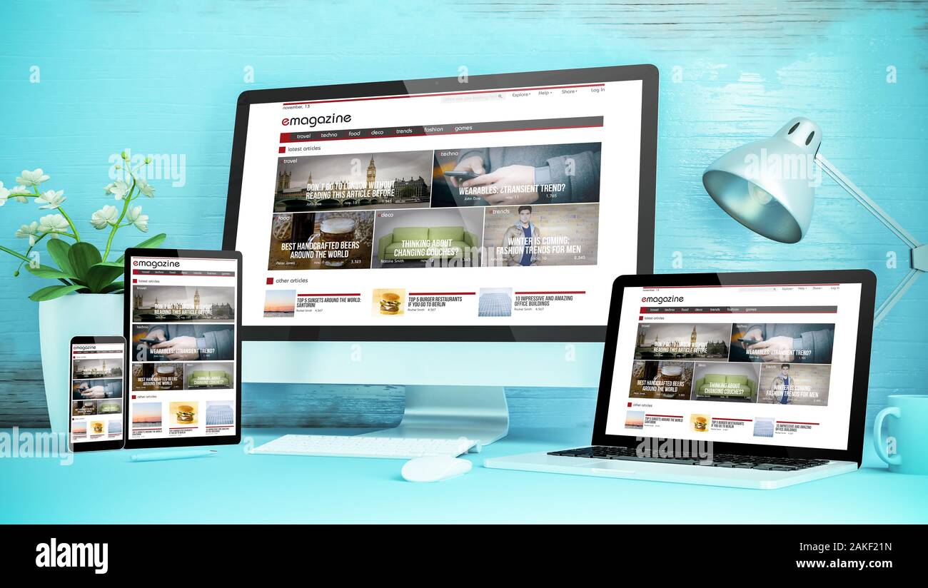 blue responsive desktop with devices showing responsive magazine website 3d rendering Stock ...
