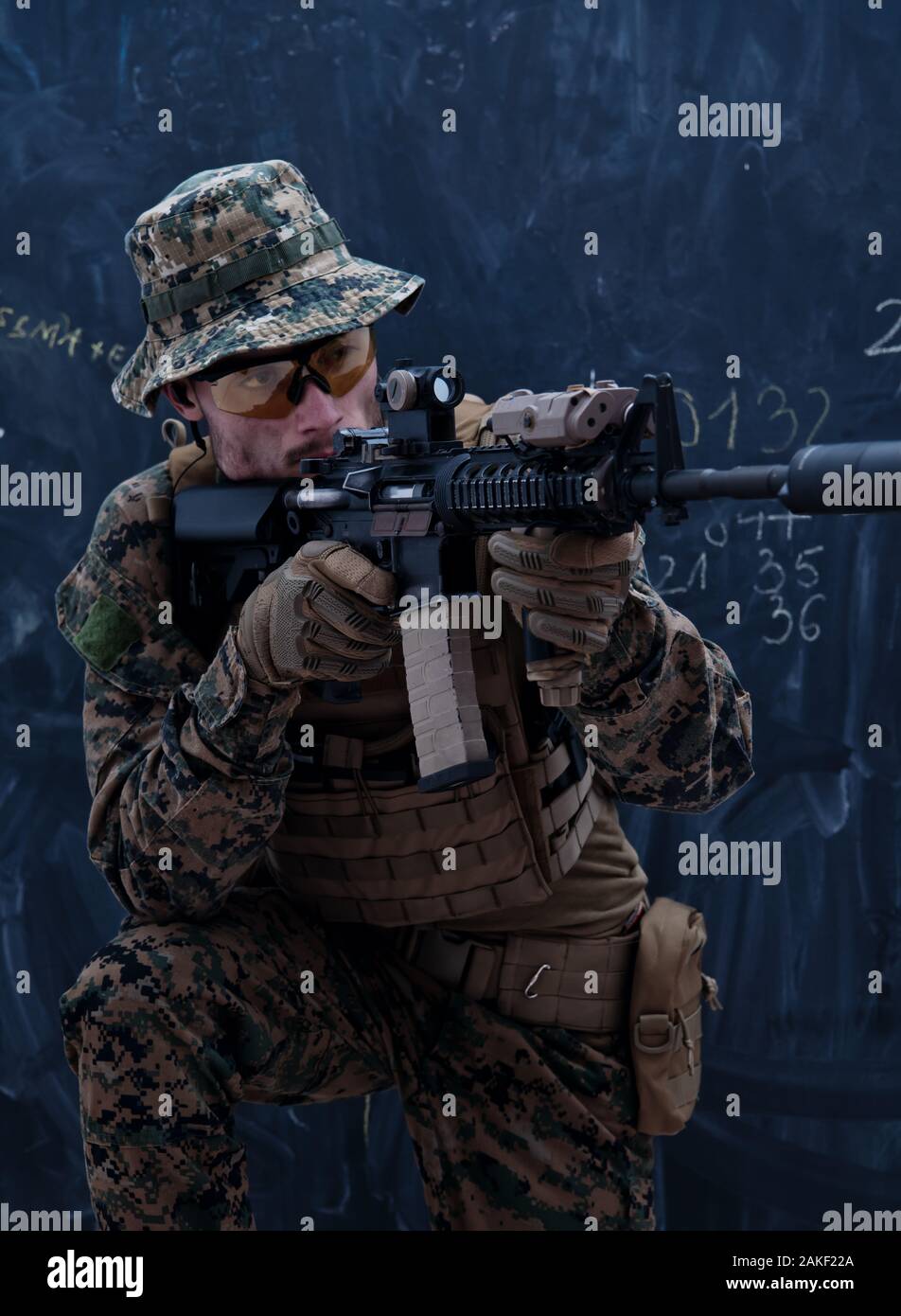 modern warfare american marines soldier in action while sneaking and ...