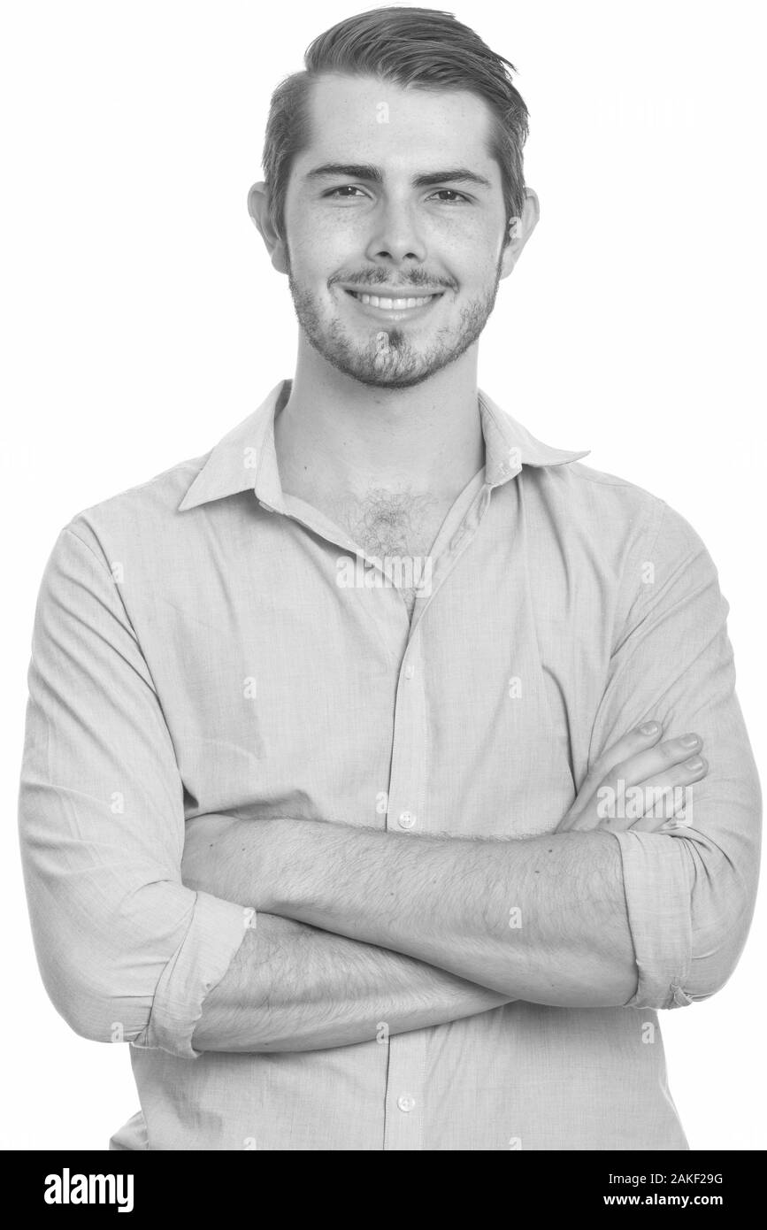 Portrait of young handsome bearded man in black and white Stock Photo ...