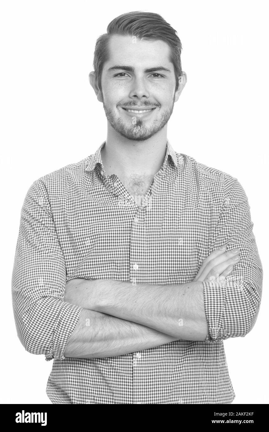 Portrait of young handsome bearded man in black and white Stock Photo ...