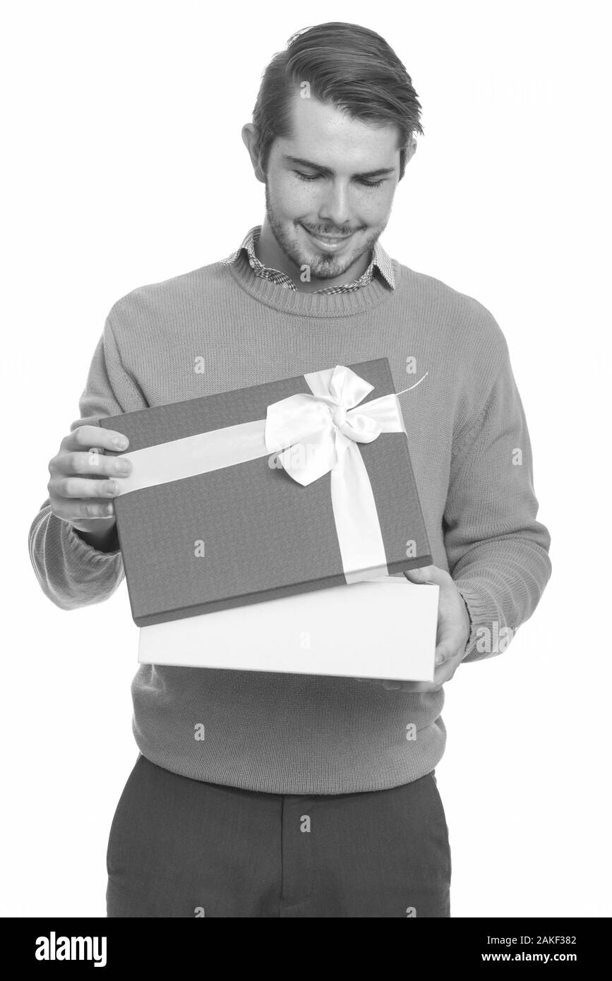Man opening box happy Black and White Stock Photos & Images - Alamy