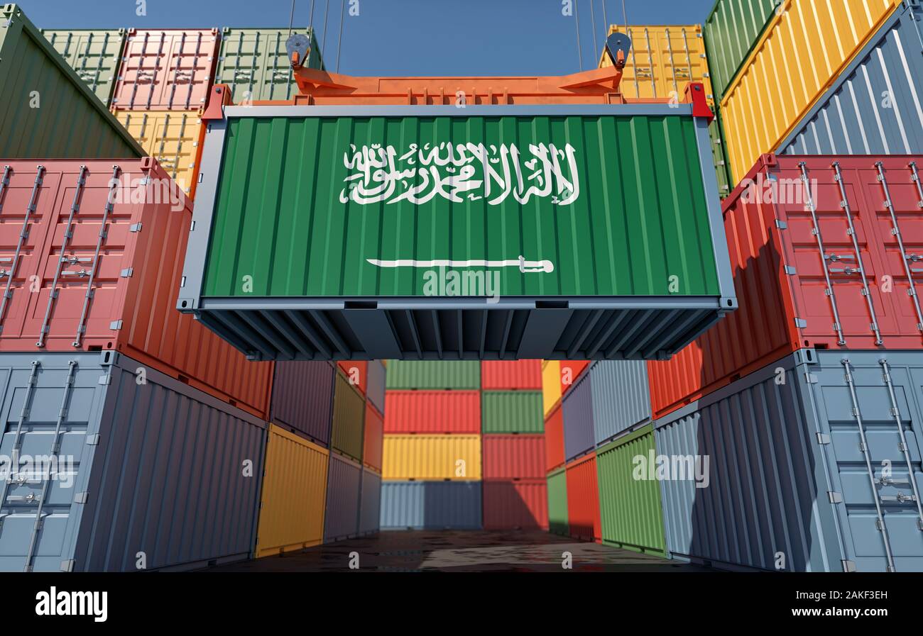 Container Terminal - Shipping Container with Saudi Arabia flag. 3D ...