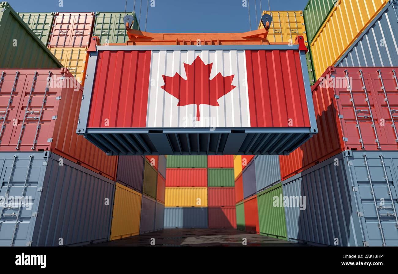 Container Terminal - Shipping Container with Canada flag. 3D Rendering ...