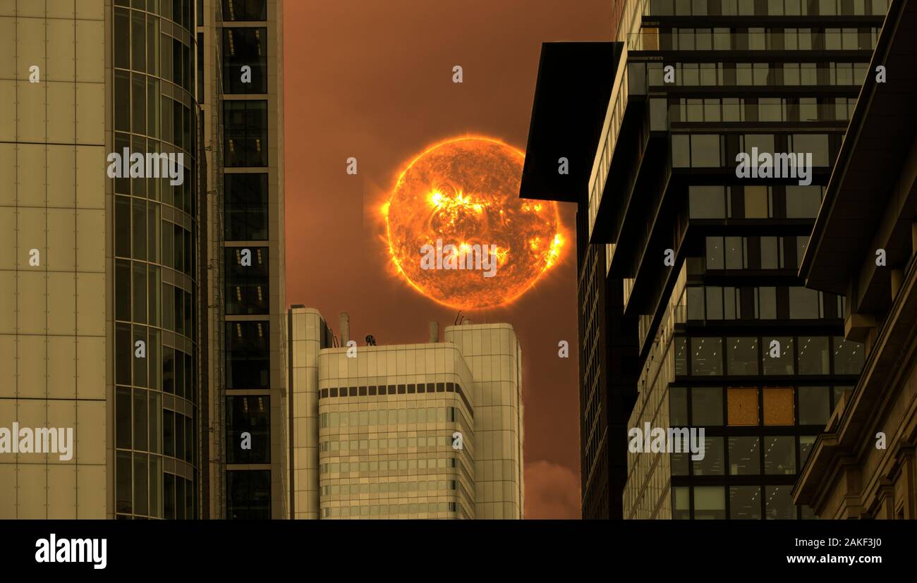 Burning hot deadly sun between modern skyscrapers with strict ...