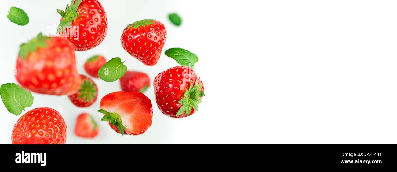 Falling berries strawberry on white background. Flying berries pattern ...