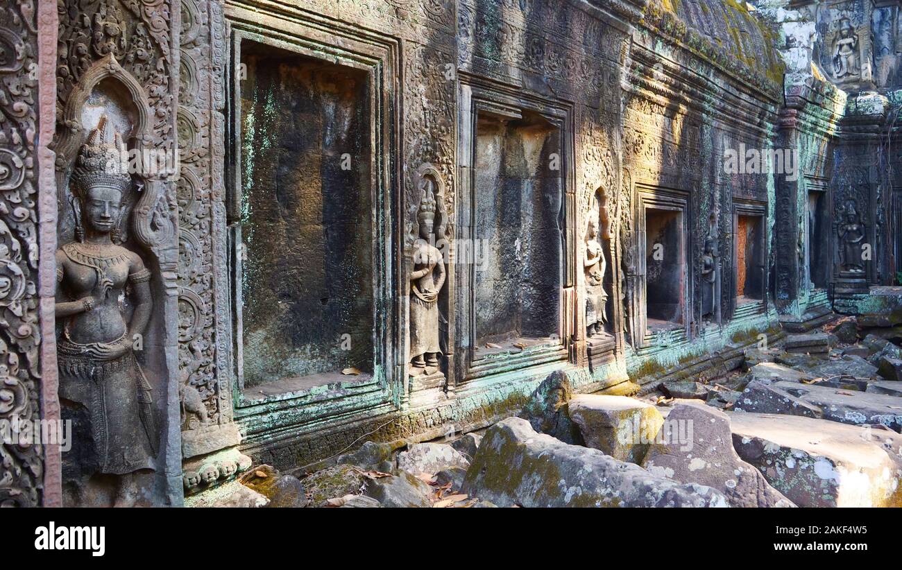 Stone rock carving art at Ta Prohm Temple in Angkor wat complex, Siem ...