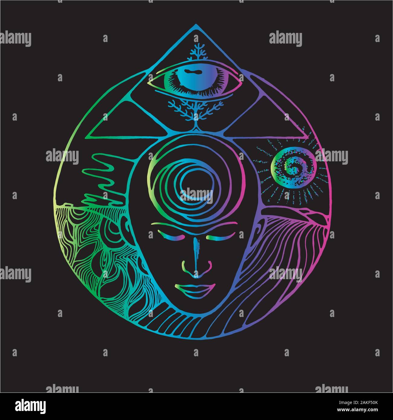 Color illustration of a meditating man, masonic triangle, eye and ...