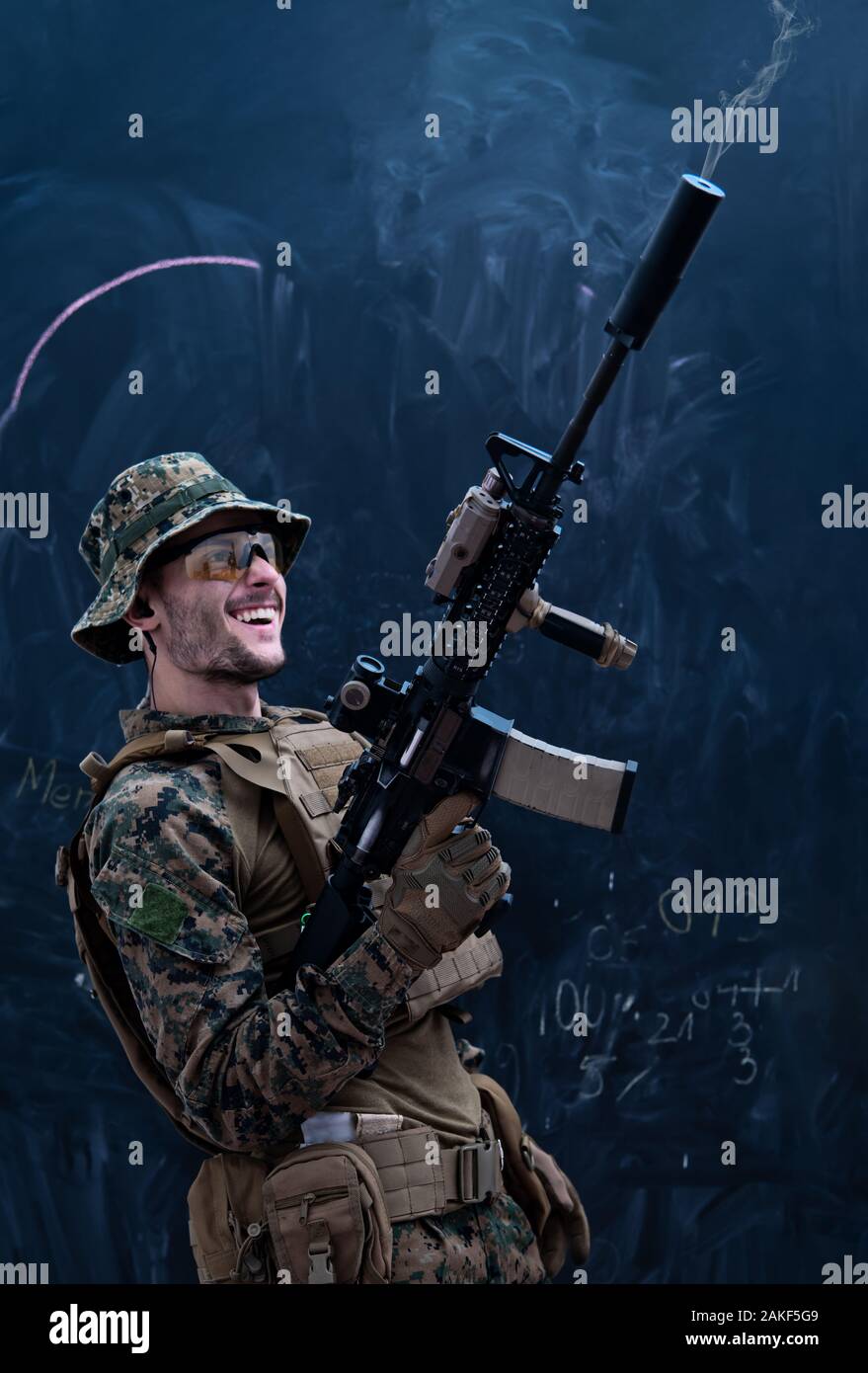modern warfare american marines soldier with smoke from the barrel of ...