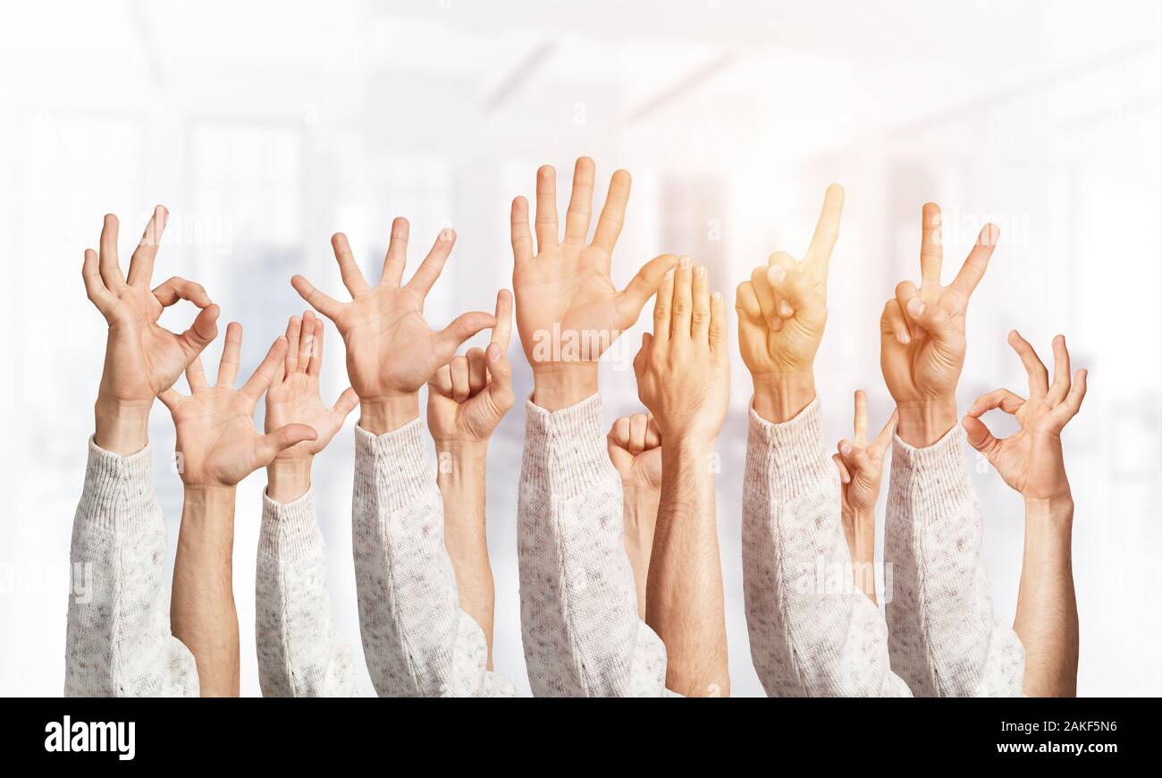 Row of man hands showing various gestures Stock Photo - Alamy