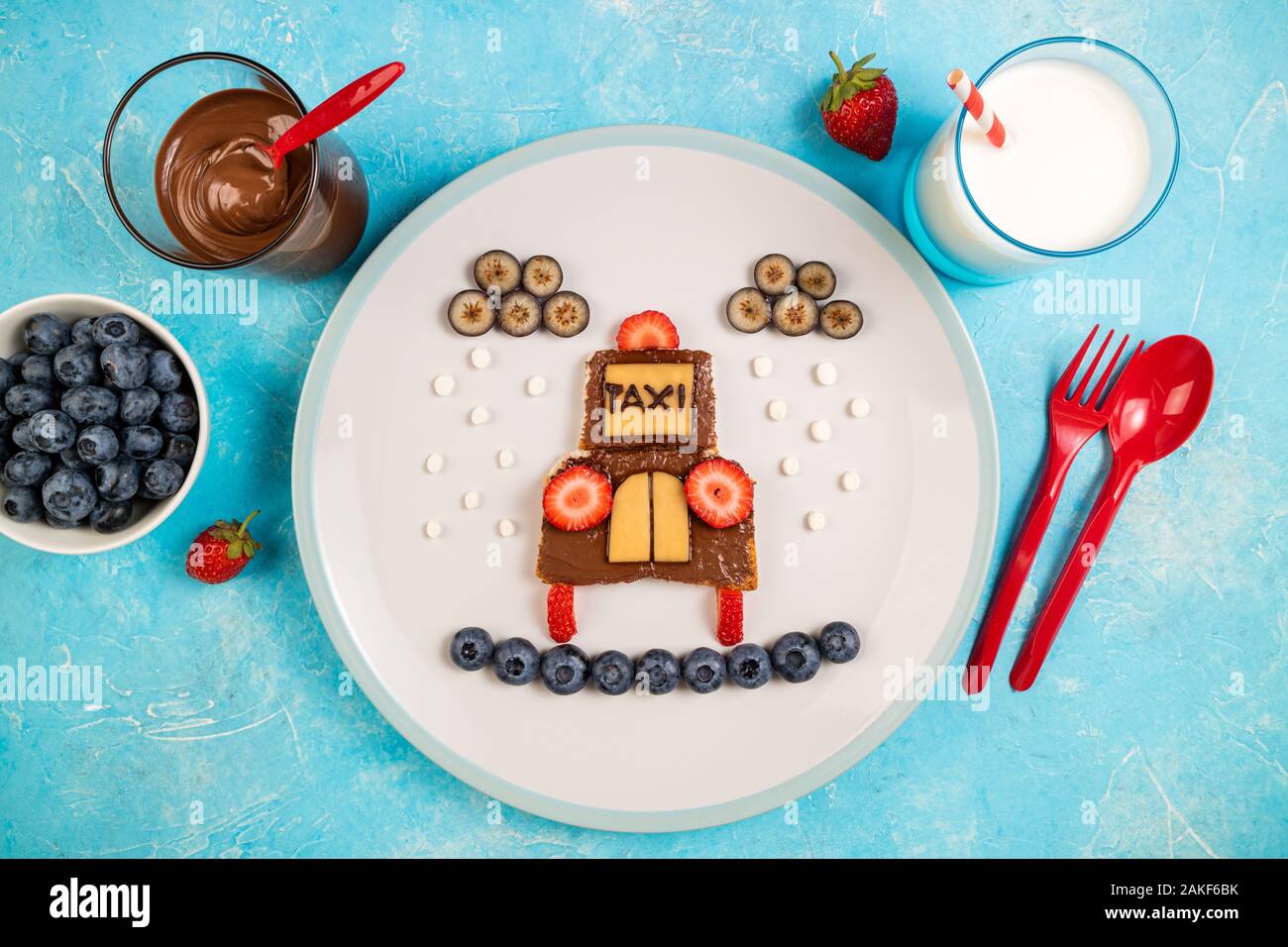 Creative idea for kids breakfast with sandwich car taxi, milk and ...