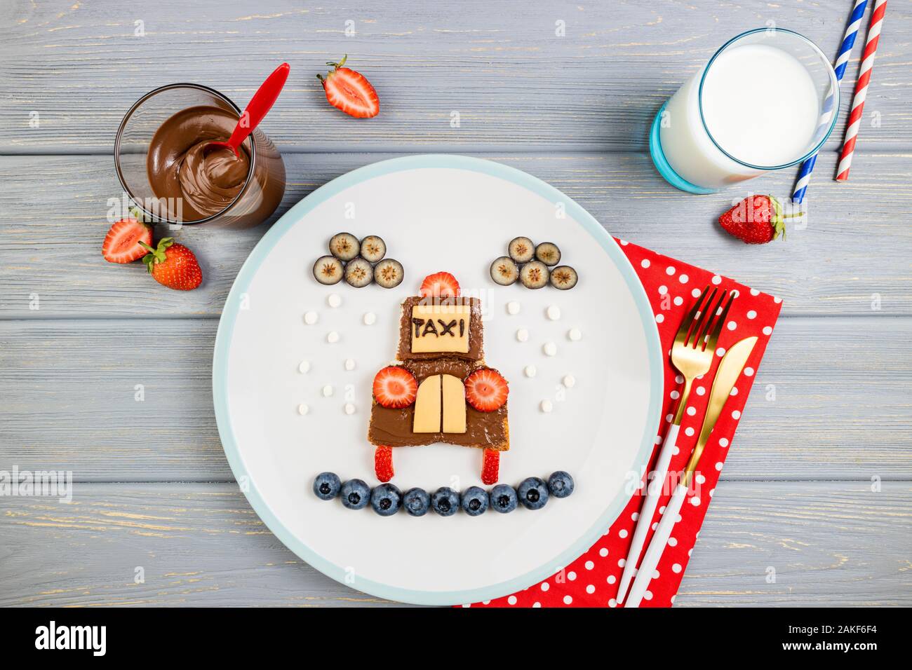 Creative idea for kids breakfast with sandwich car taxi, milk and ...