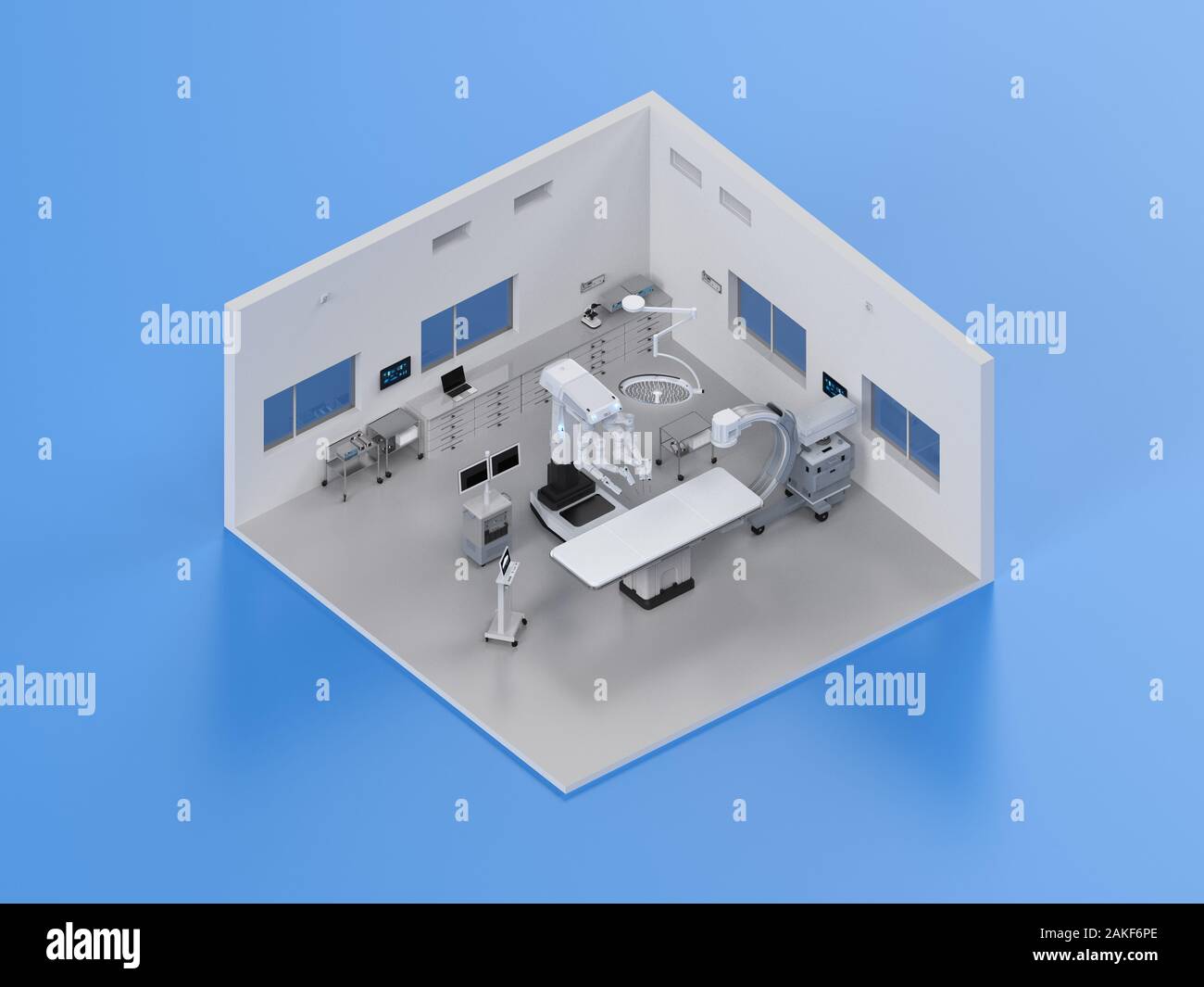 3d rendering hospital surgery room with C-Arm machine and surgery robot ...