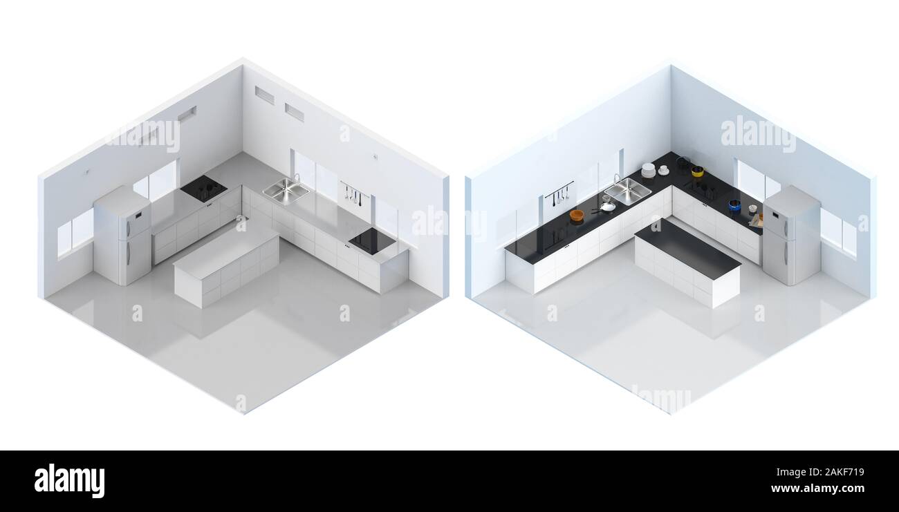 3d rendering kitchen interior with counter and refrigerator isometric ...