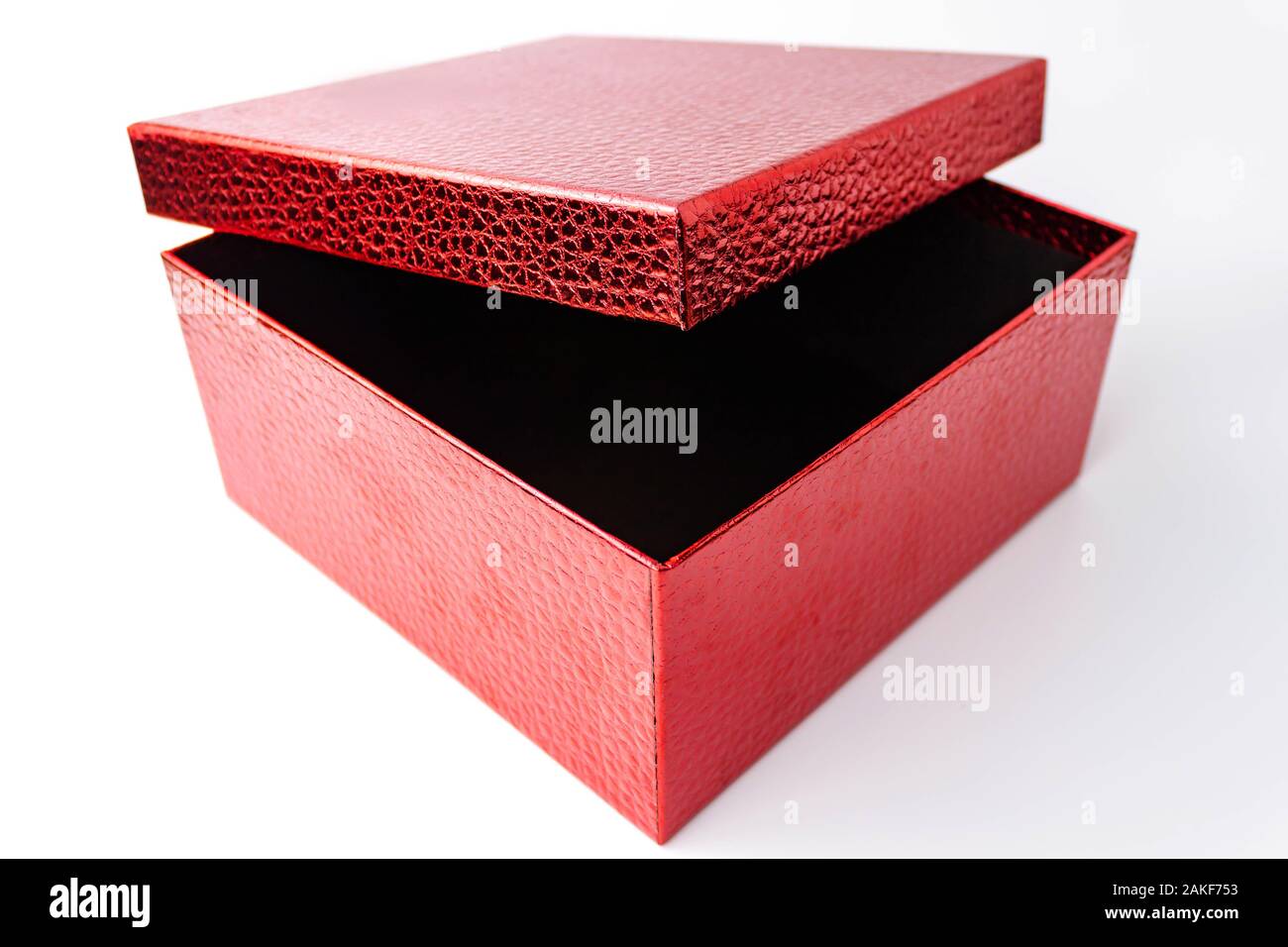 Single red color open gift paper cardboard leather embossed box on ...