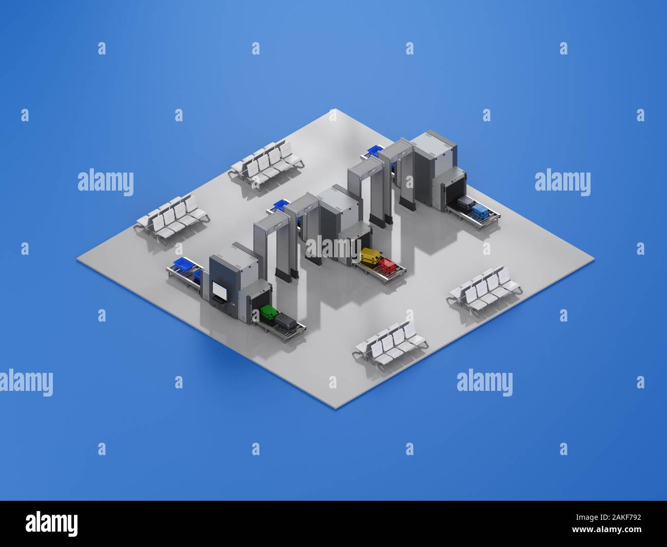 3d rendering airport terminal interior with seats and security gates ...