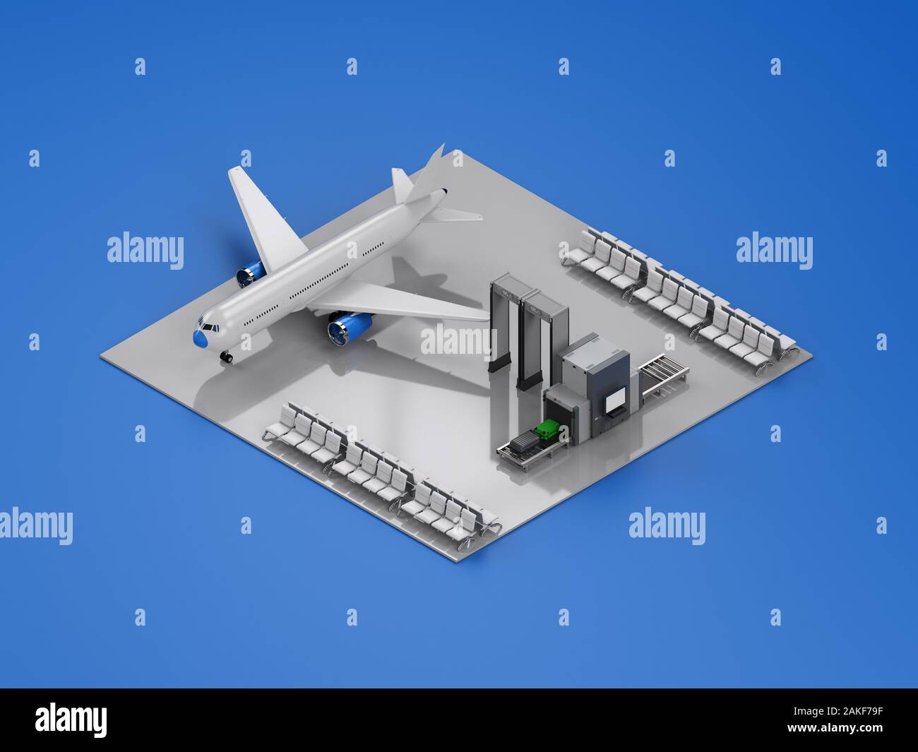3d rendering airport terminal interior with seats and security gates ...