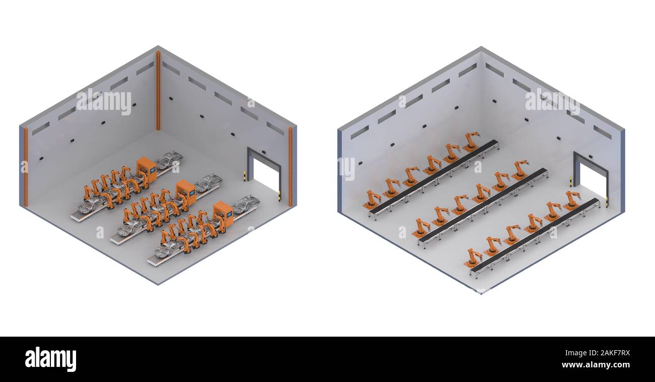 3d rendering factory interior with robot assembly line isometric Stock ...