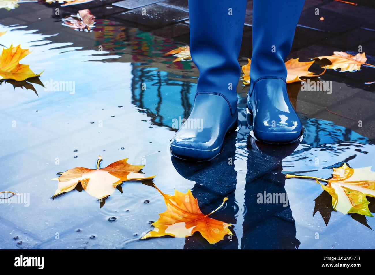 Woman with blue rain boots jumps into a puddle on rainy autumn day Stock Photo - Alamy