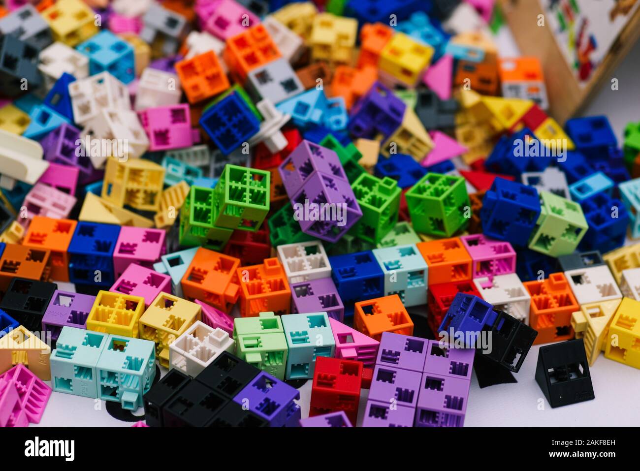 Details of the children's designer. Scattered colored plastic blocks of ...