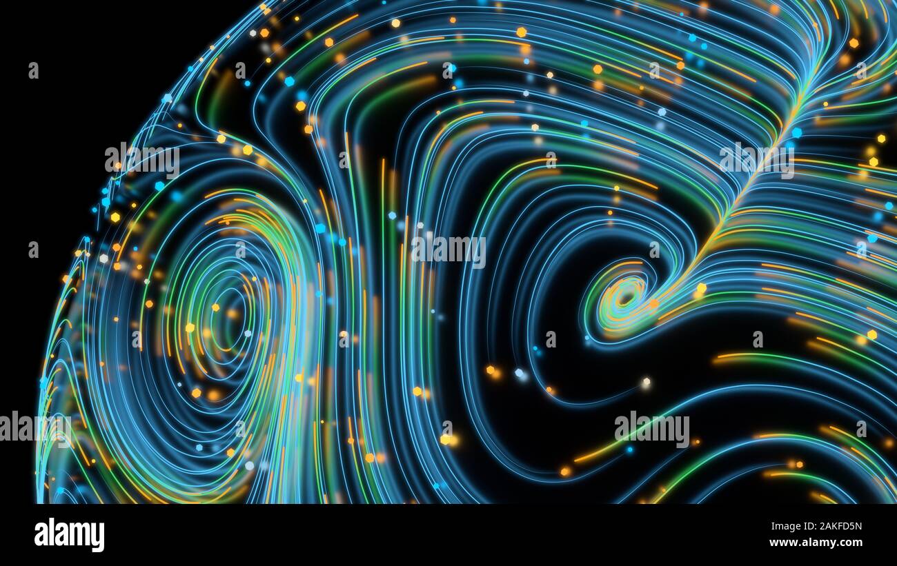 Neon glowing twisted cosmic lines on the surface of the planet ...
