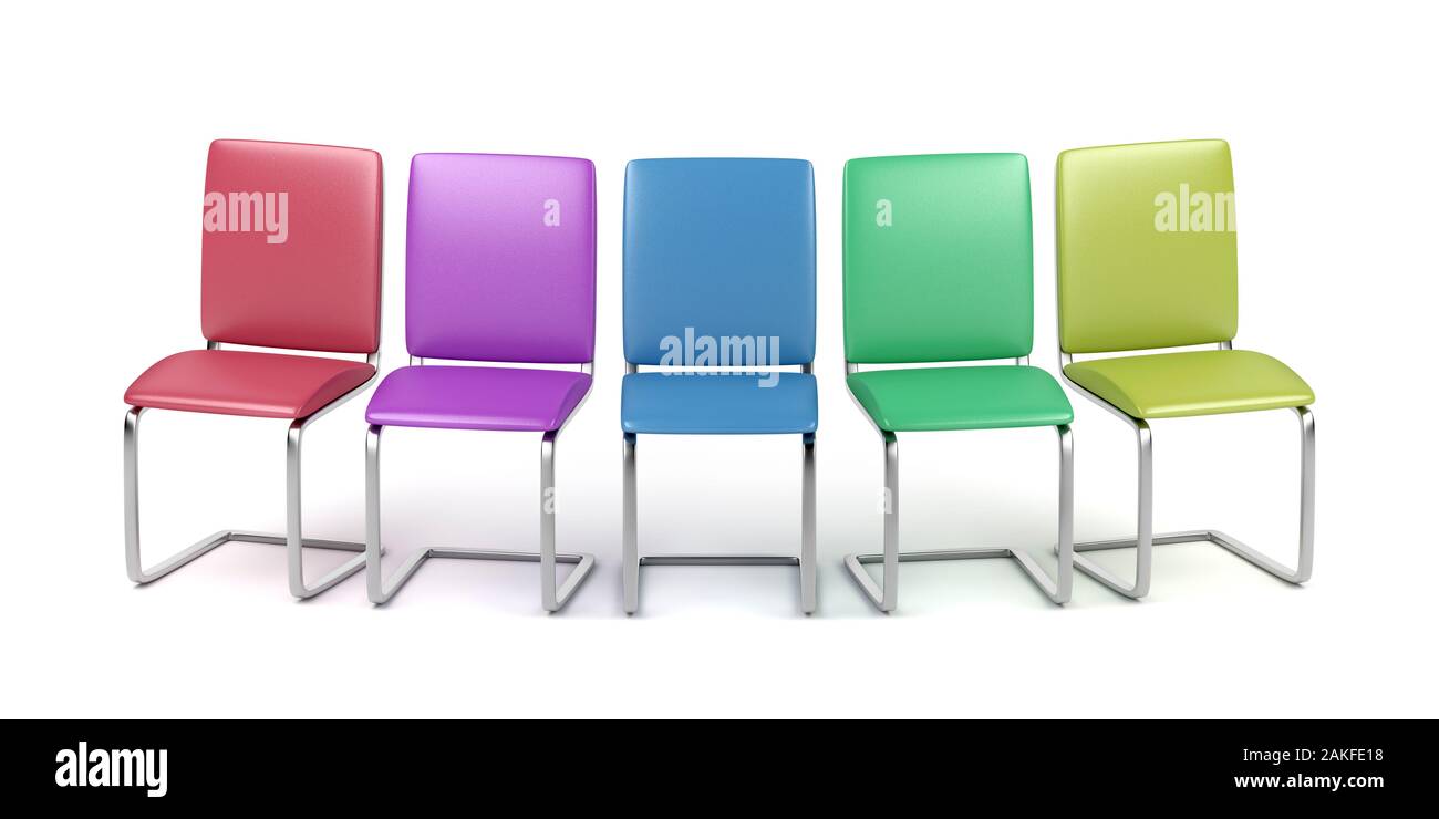 Five leather dining chairs with different colors Stock Photo - Alamy