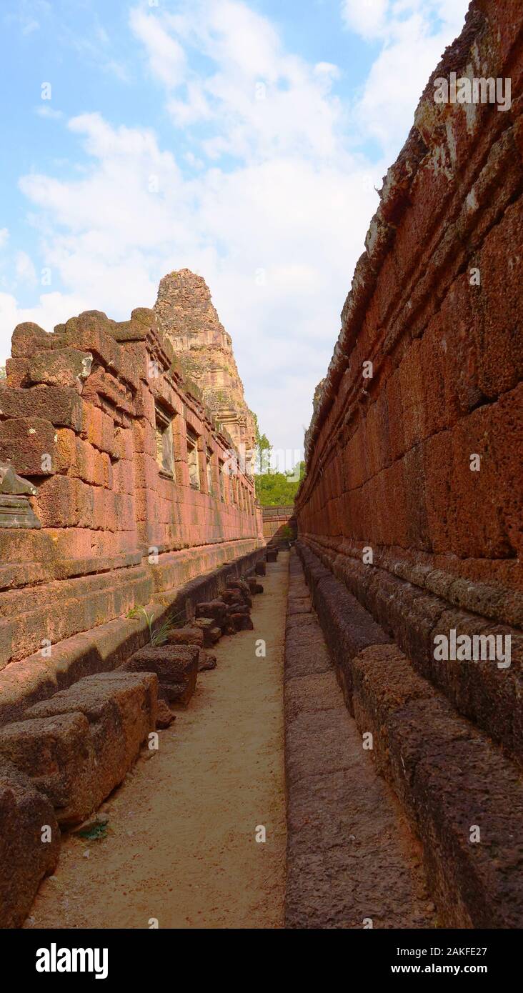 Stone rock wall at Ancient buddhist khmer temple architecture ruin of ...