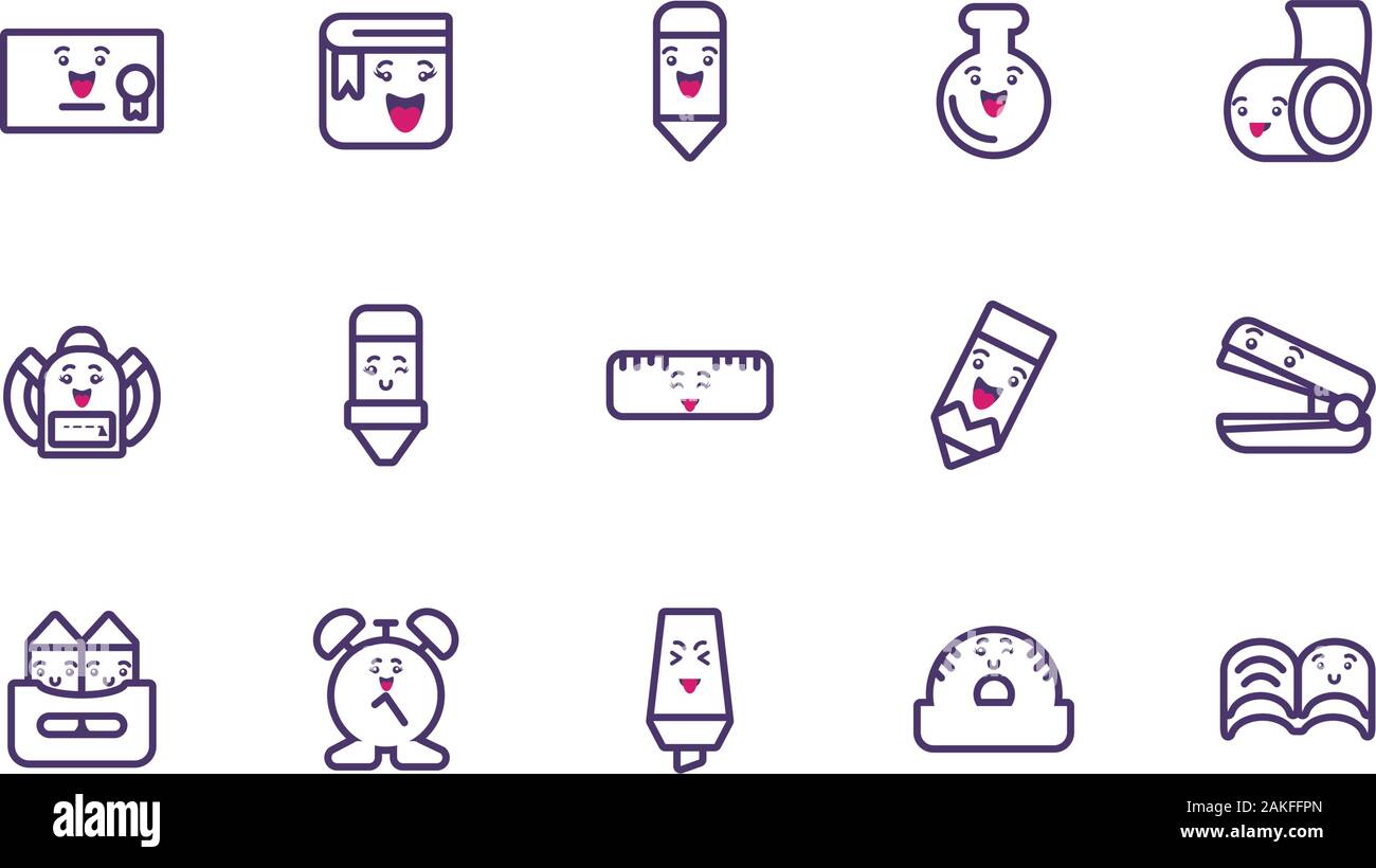 Icon set cartoons design, Kawaii school expression cute character funny ...