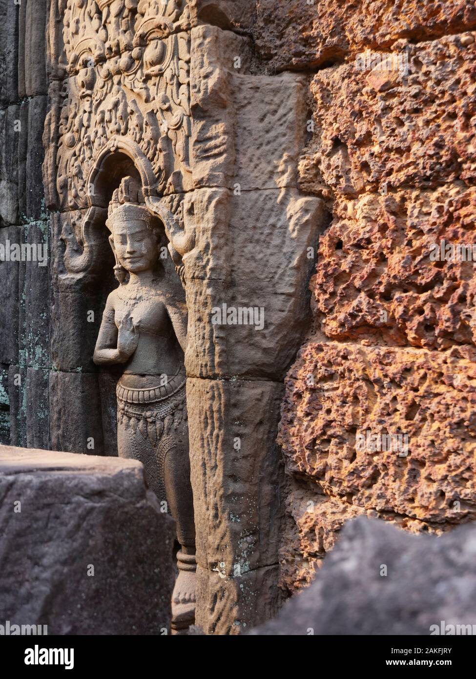 Stone rock carving art at Ta Som temple in Angkor Wat complex, Siem ...