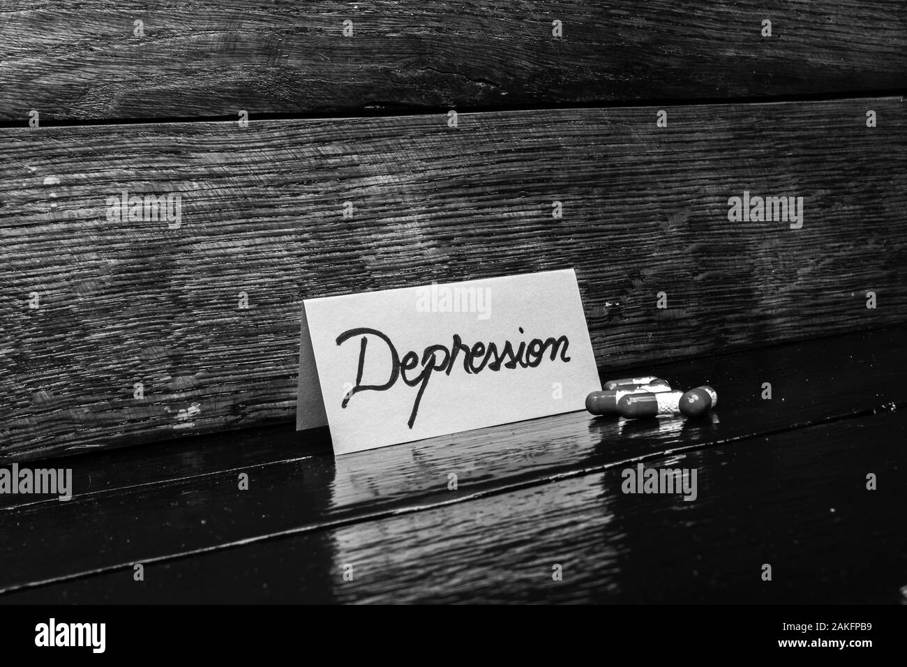 Writing Depression on label. Label with text Depression and medicines ...