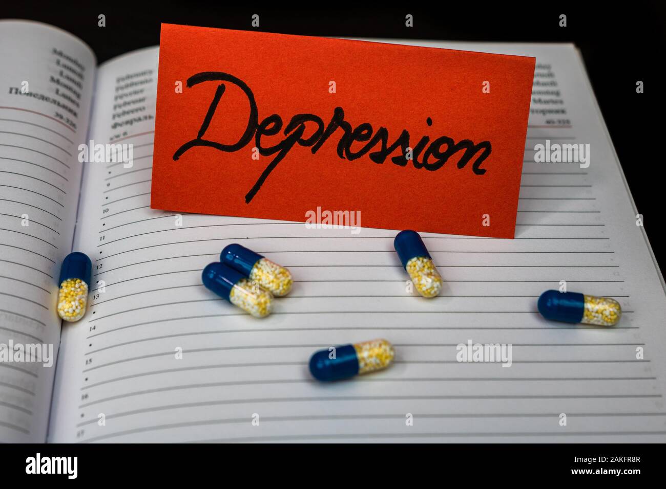 Writing Depression on label. Label with text Depression and medicines ...