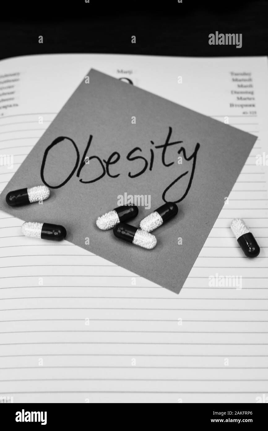 Writing Obesity memo post reminder and medicines, pills. Writing ...