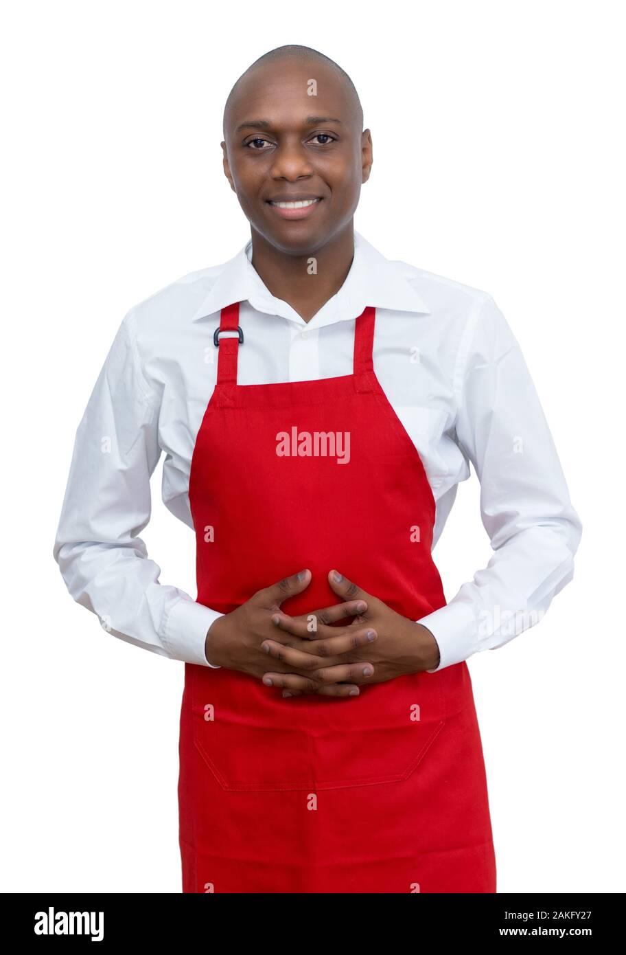 Handsome african american waiter with red apron isolated on white ...