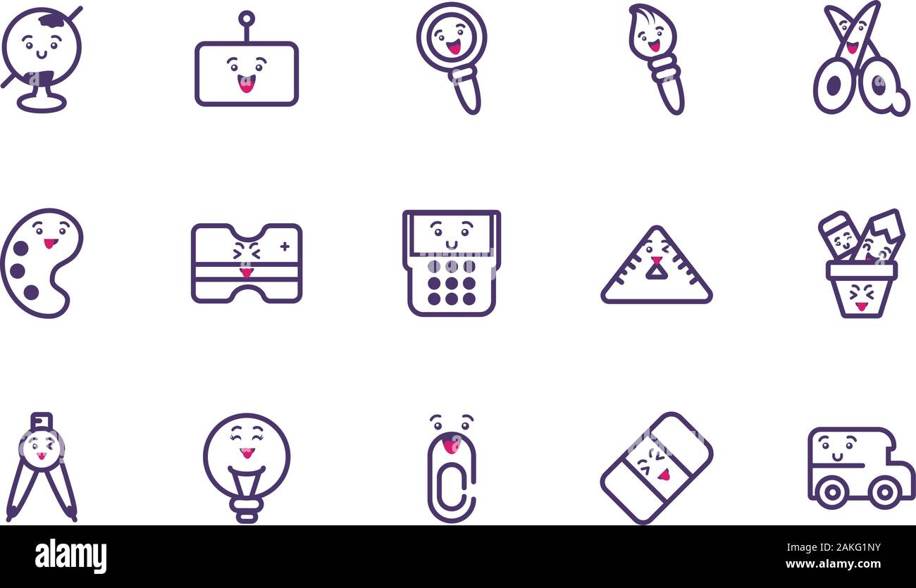 Icon set cartoons design, Kawaii school expression cute character funny ...