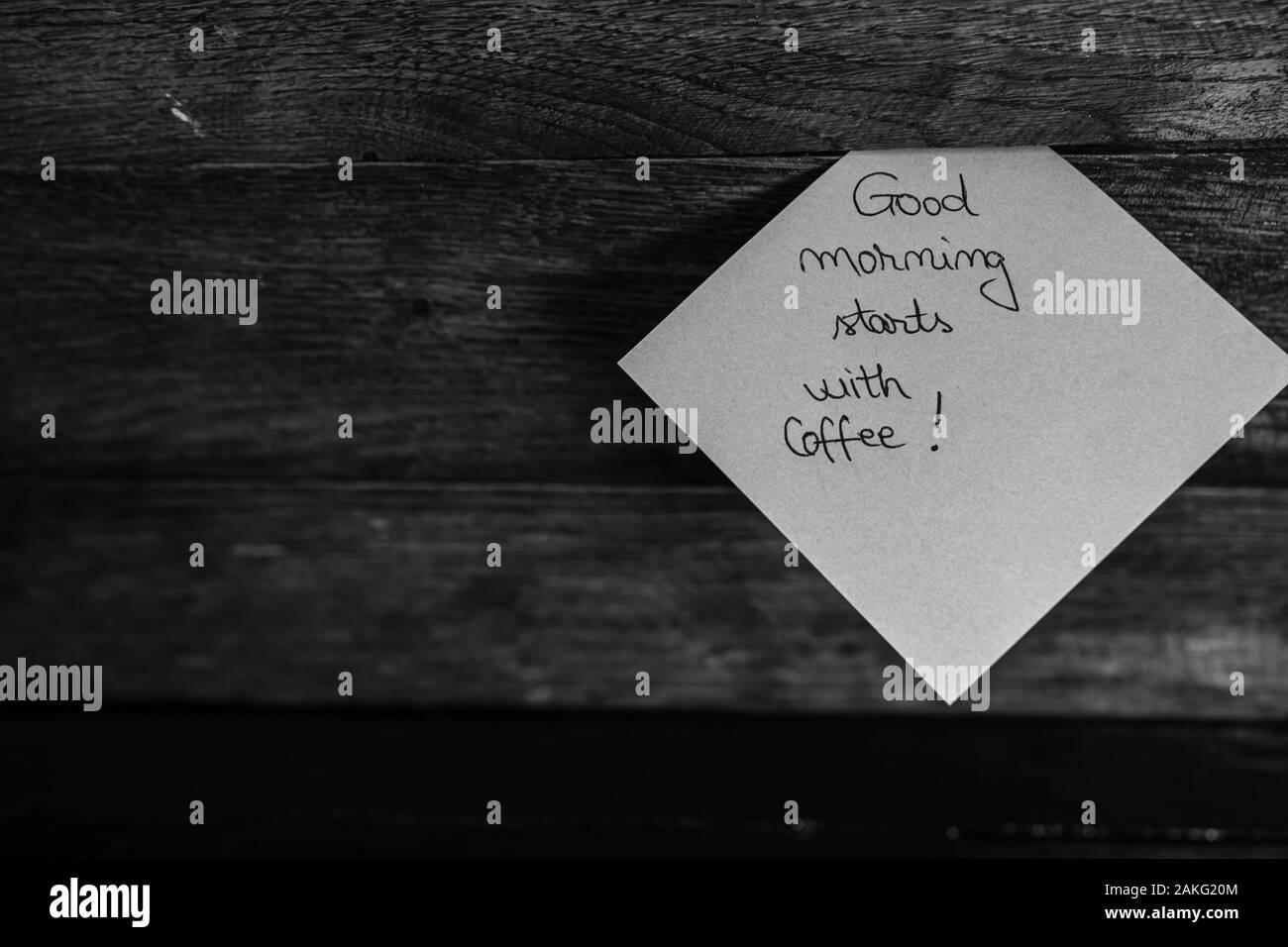 Writing Good morning starts with a coffee on memo post reminder. Text ...