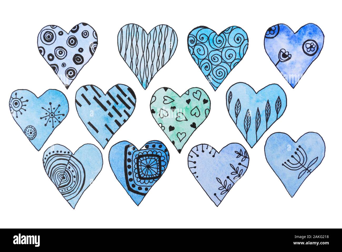 Set of blue abstract watercolour hearts, hand drawn hearts element ...