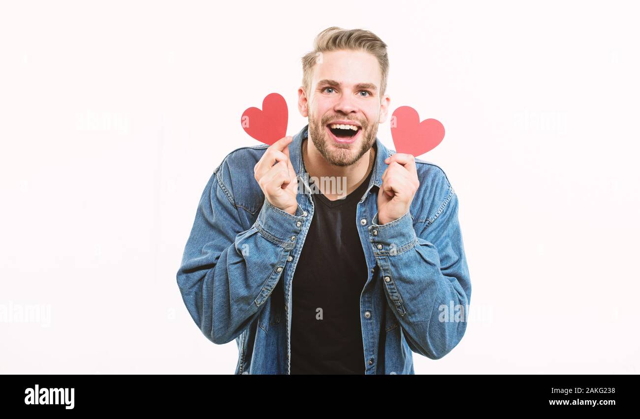 Romantic symbol. Guy well groomed hold heart white background. Romantic ...