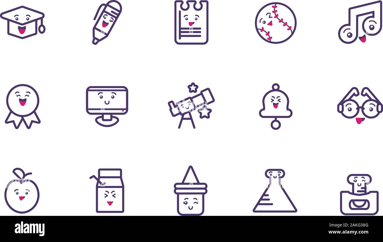 Icon set cartoons design, Kawaii school expression cute character funny ...
