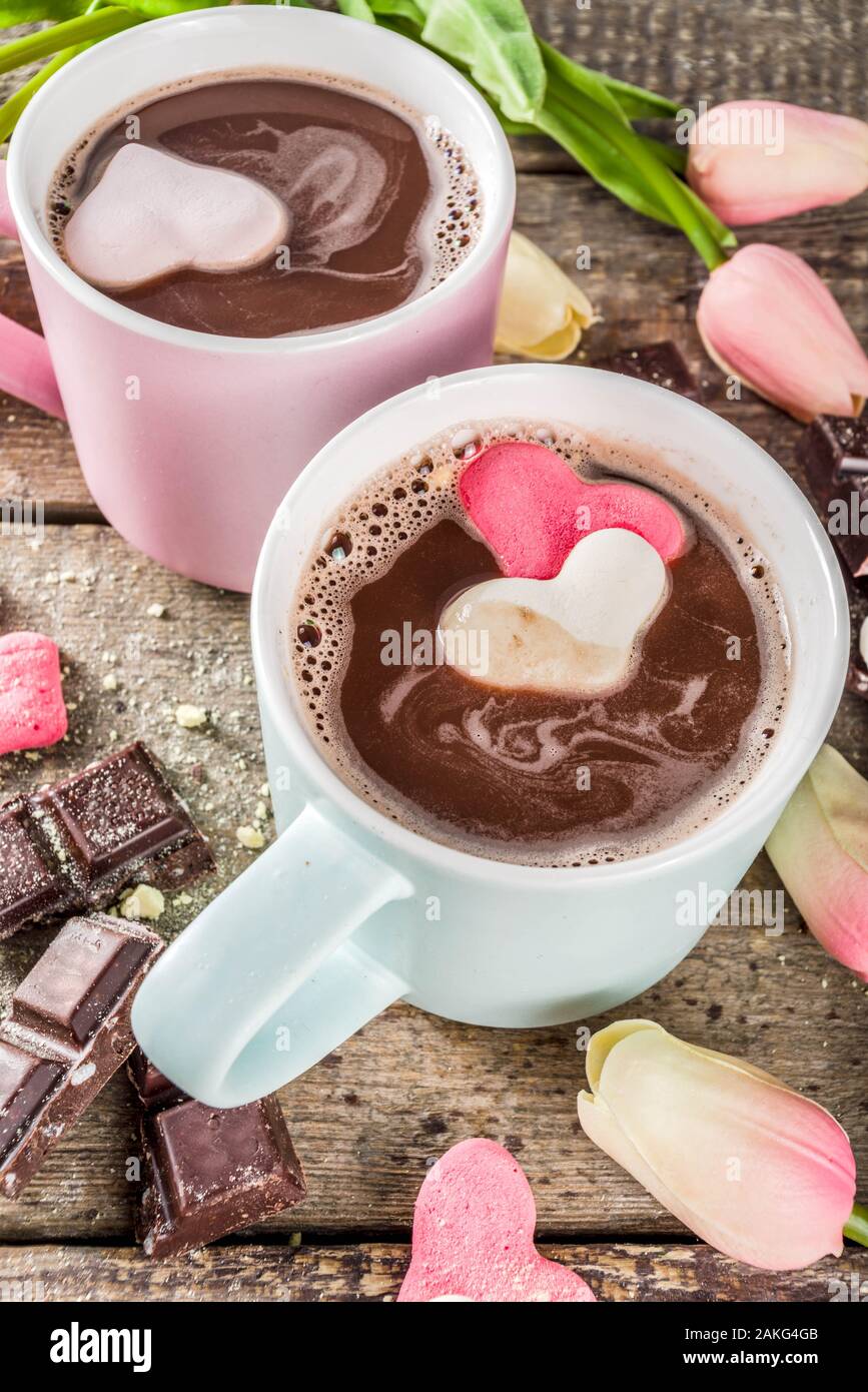Valentines day treat ideas, two cups hot chocolate drink with ...