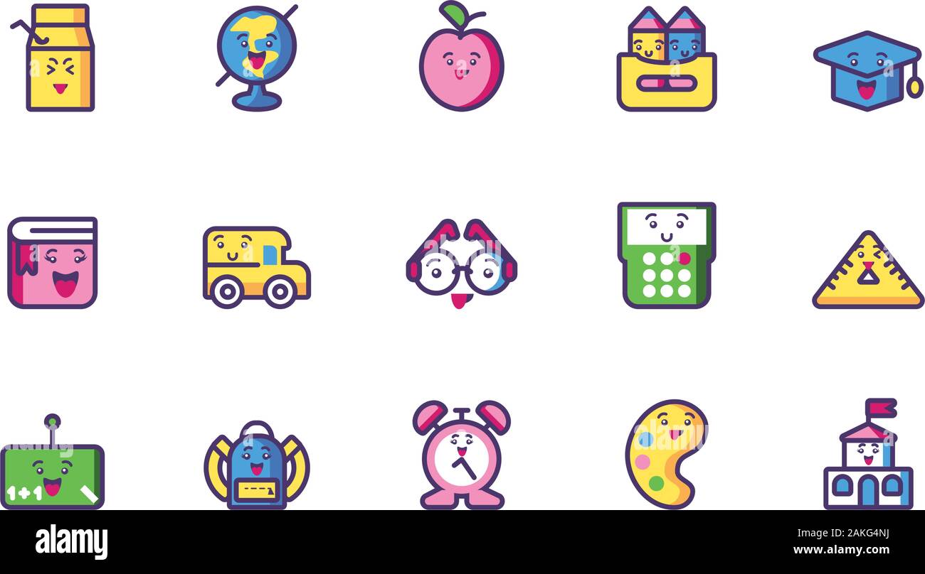 Icon set cartoons design, Kawaii school expression cute character funny ...