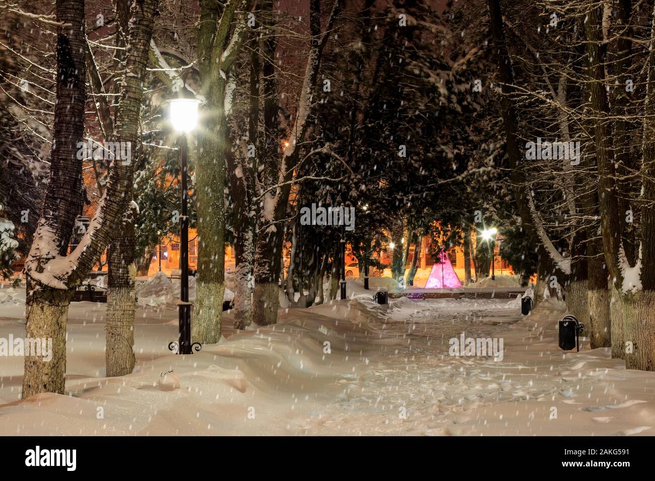 Winter park at night with decorations, lights, benches, fountain ...
