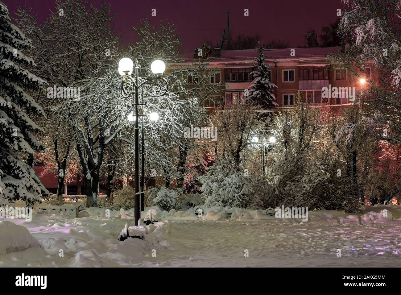 Winter park at night with decorations, lights, benches and trees Stock ...