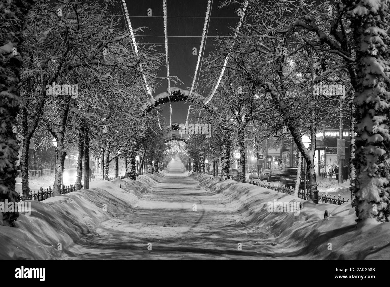 Walk of the city at night in winter. Alley with lights, trees, garlands ...